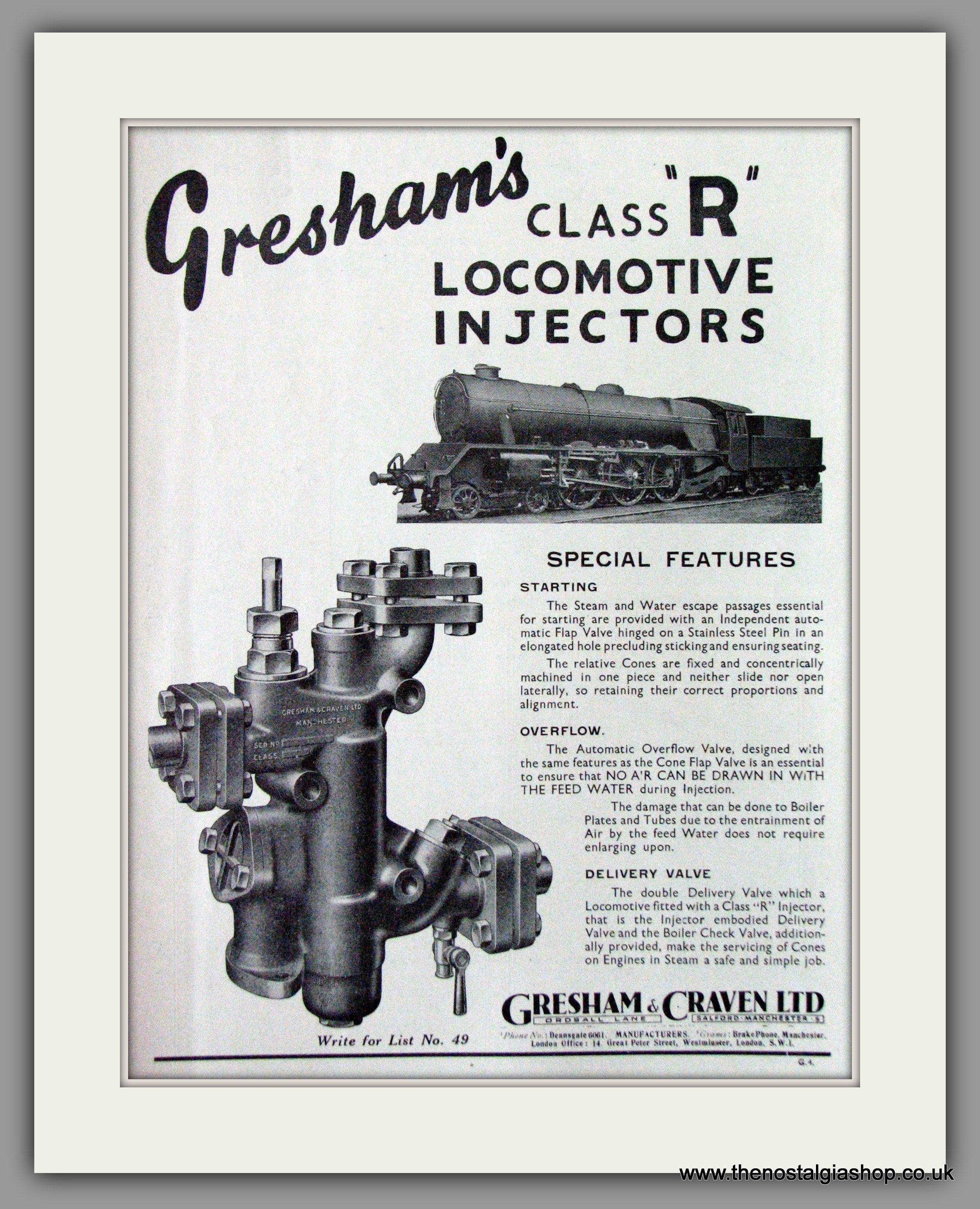 Gresham's Class R Locomotive Injectors. Original Advert 1948 (ref AD53 ...