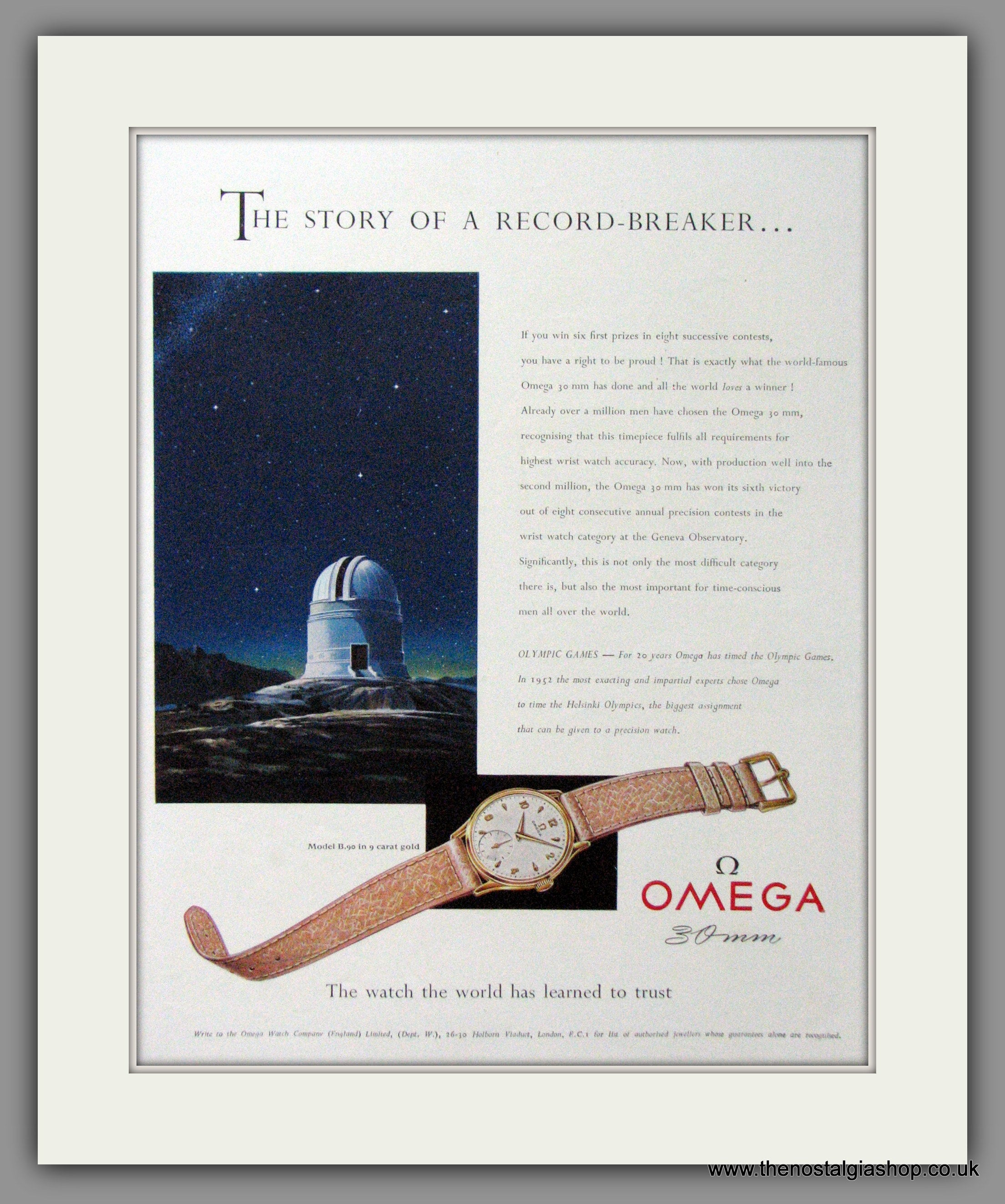 Omega 30mm Watch. Original Advert 1953 (ref AD54403) – The Nostalgia Shop