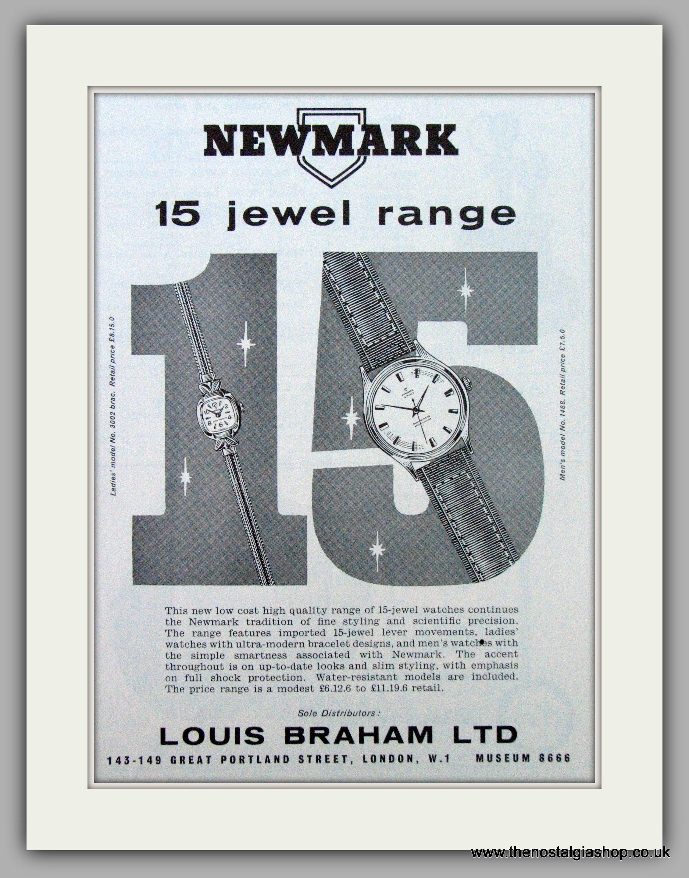 Newmark 15 Jewel Watches Louis Braham. Original Advert 1960 (ref AD719 ...
