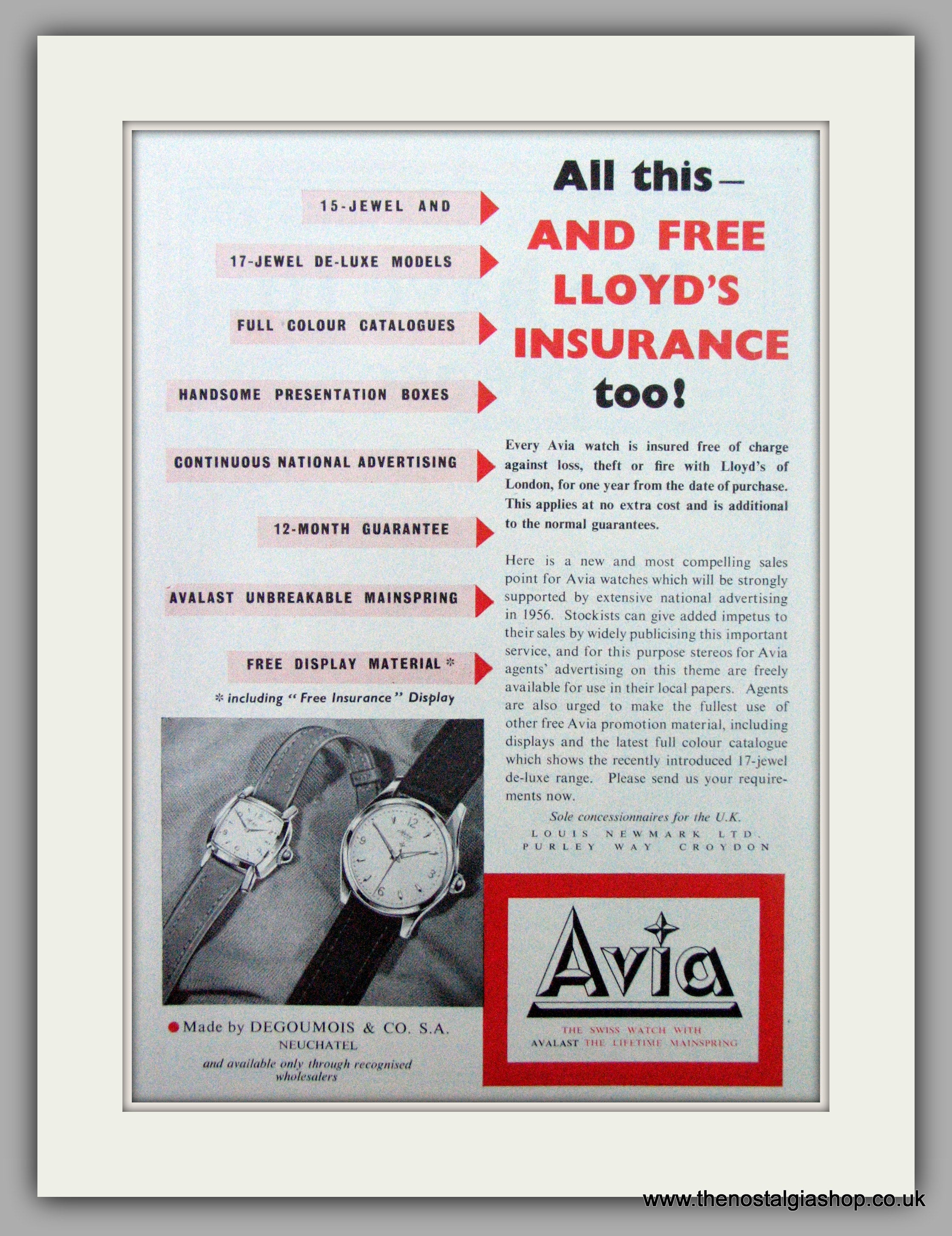 Avia Watches. Original Advert 1956. (ref AD7316) – The Nostalgia Shop