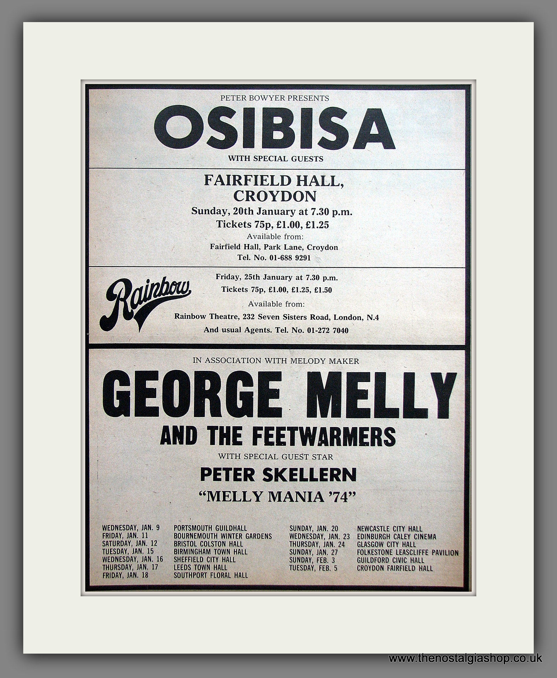 Osibisa, George Melly Concert Dates. Original Advert 1974 (ref AD11896 ...