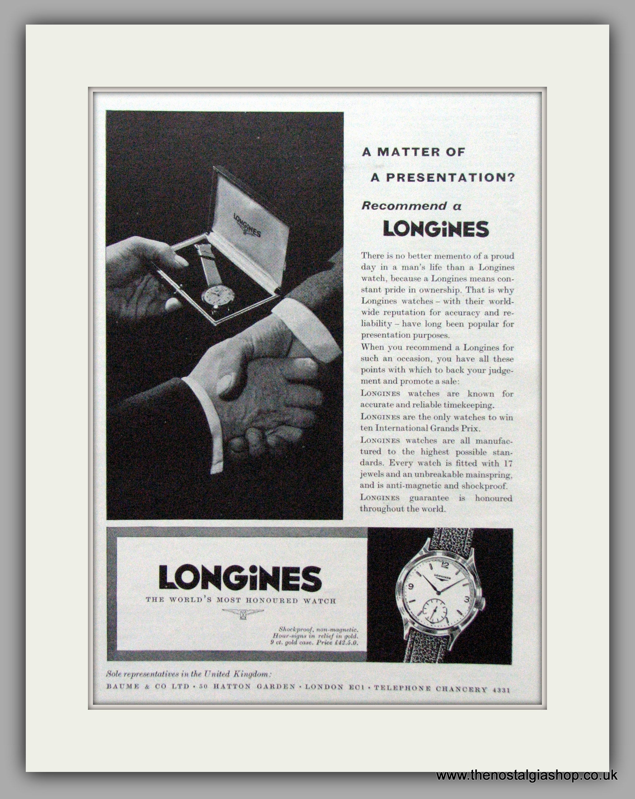 Longines Watches. Original Advert 1959. (ref AD7539) – The Nostalgia Shop