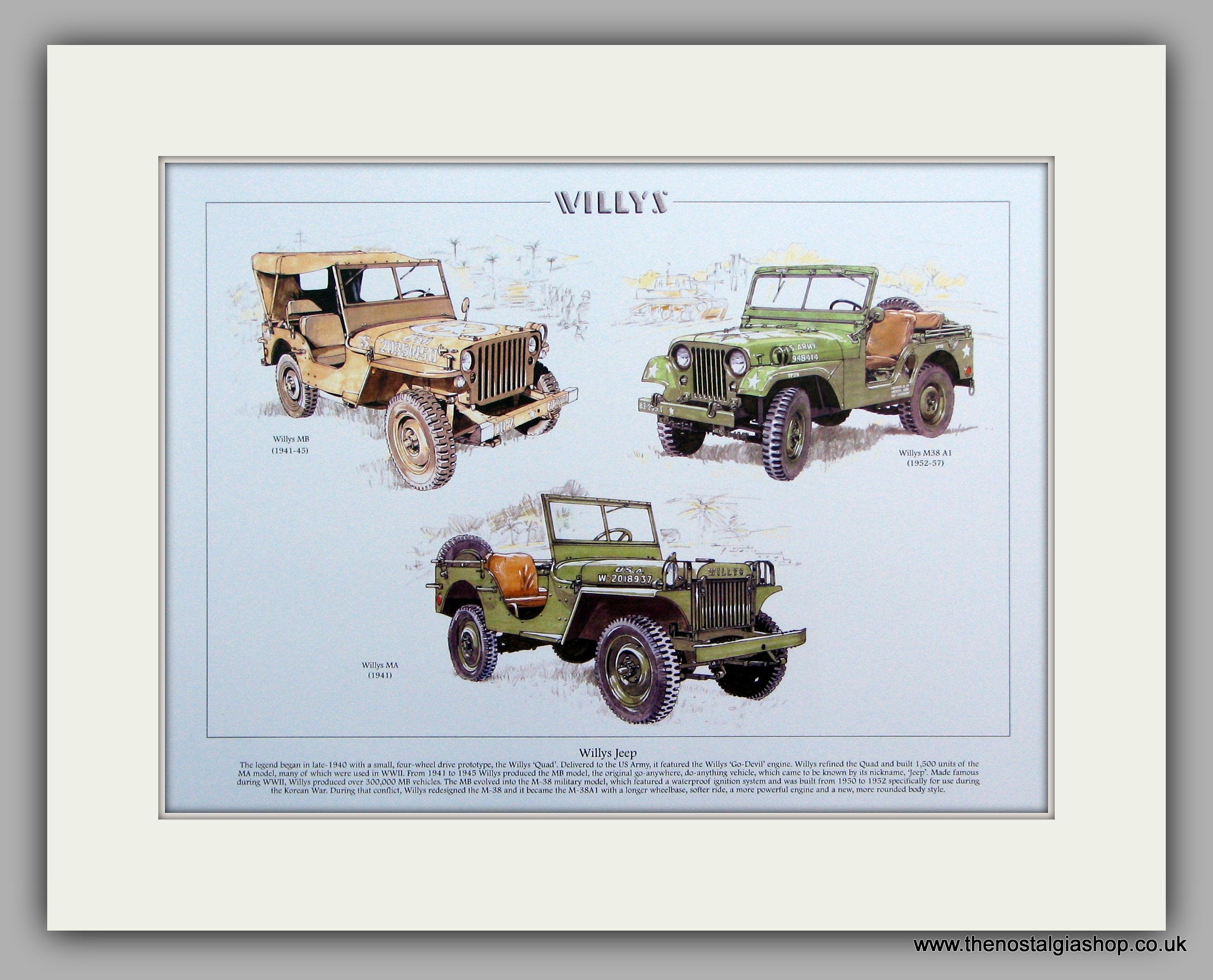 Willys Jeep. Mounted Print – The Nostalgia Shop