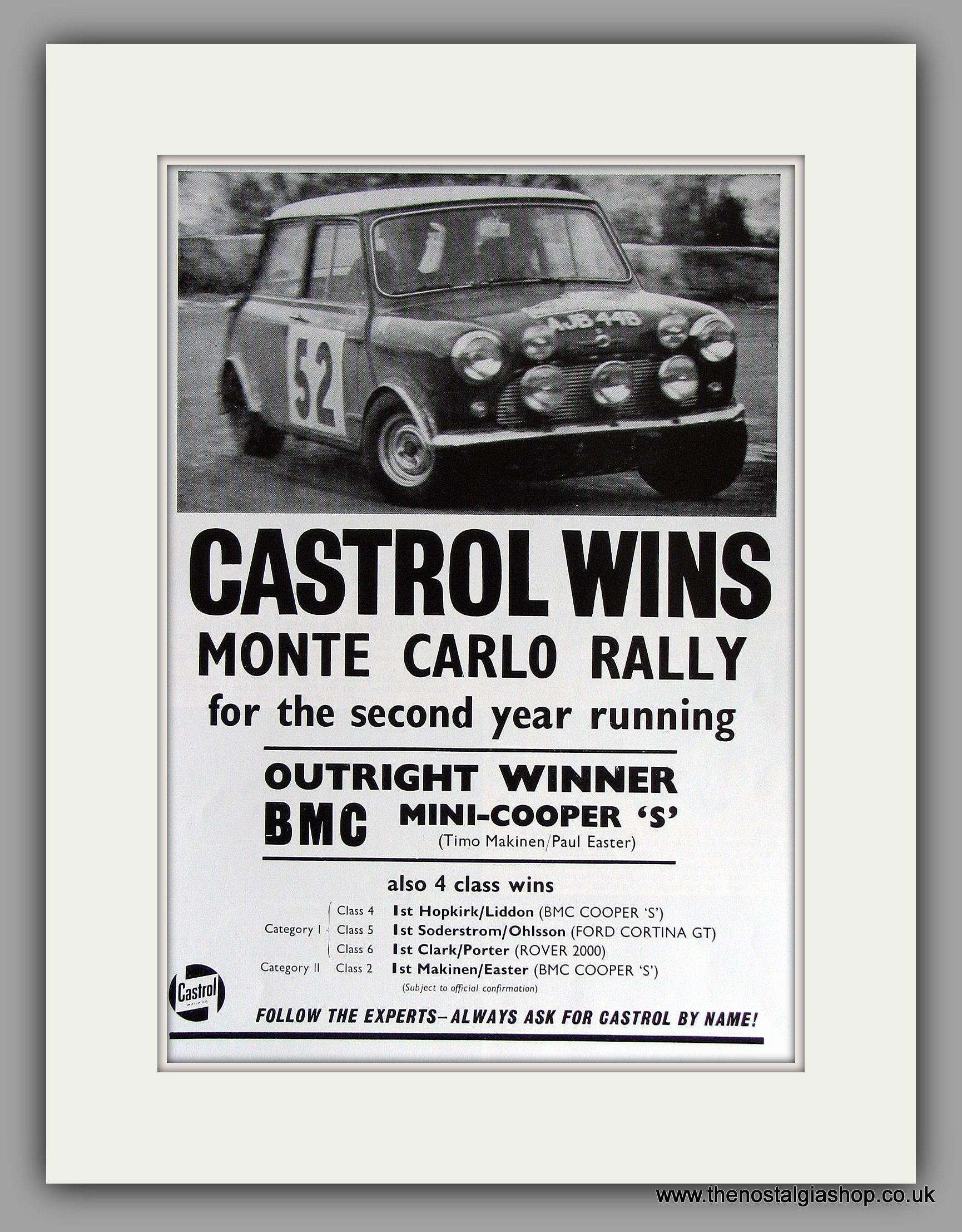 Mini Cooper S Wins Monte Carlo Rally with Castrol 1965. Original Vinta ...