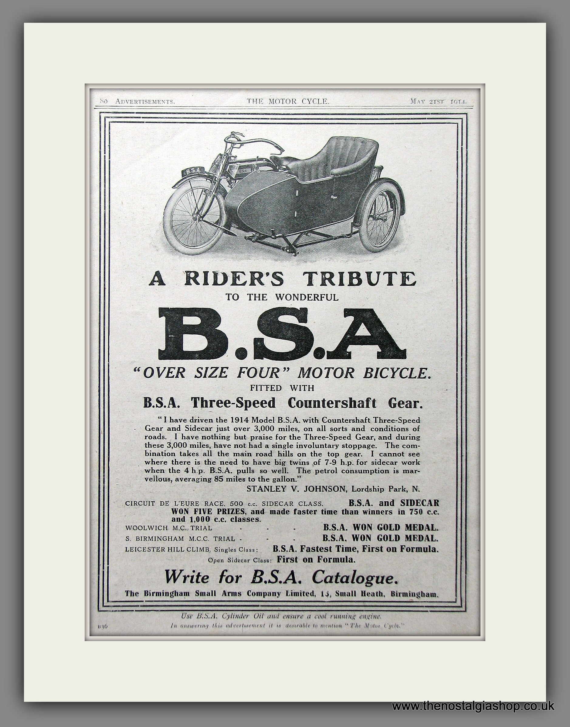 BSA 1914 Model with Sidecar. Original advert 1914 (ref AD55368) – The ...