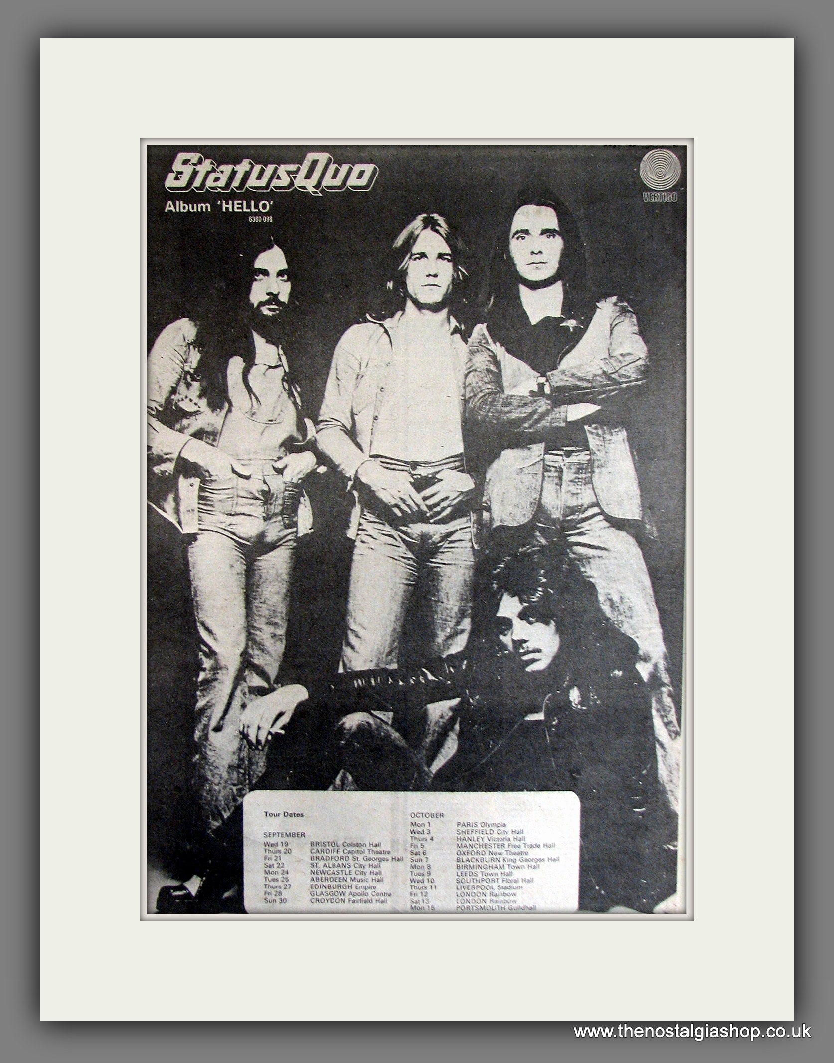 Status Quo. Hello. Vintage Advert 1973 (ref AD14103) – The Nostalgia Shop