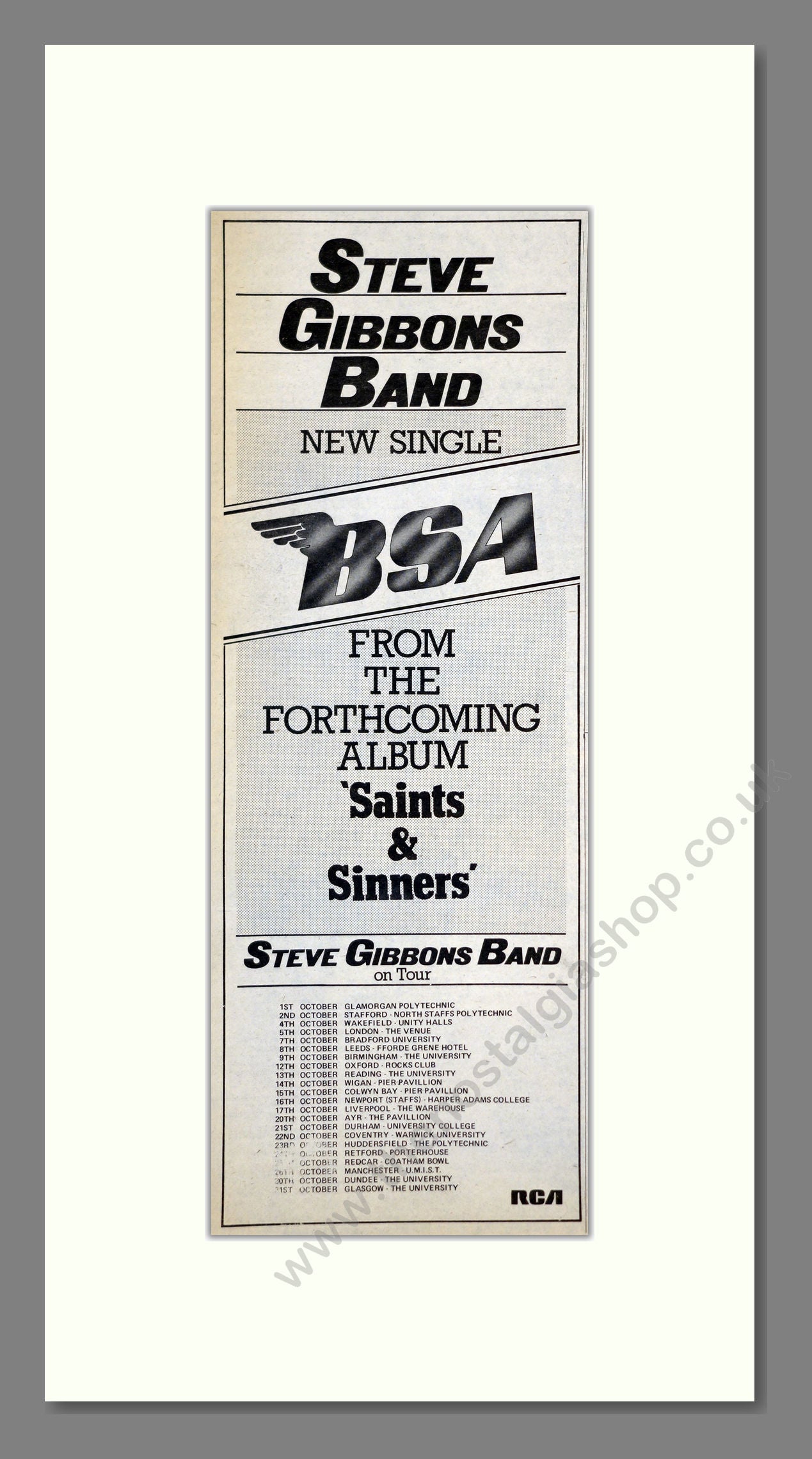 Steve Gibbons Band - BSA (UK Tour). Vintage Advert 1981 (ref AD201269 ...