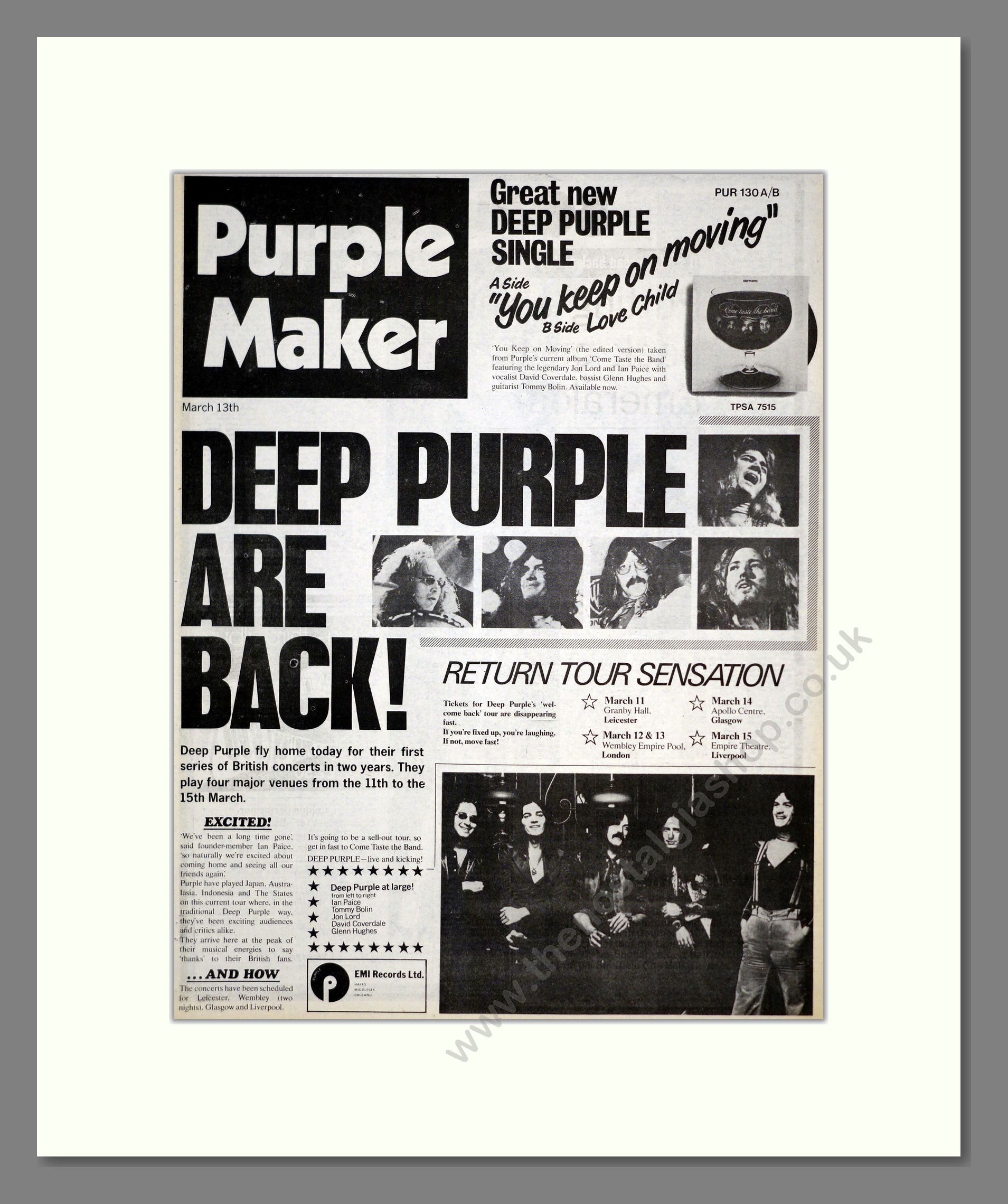 Deep Purple - Return Tour Sensation. Vintage Advert 1976 (ref AD17547 ...