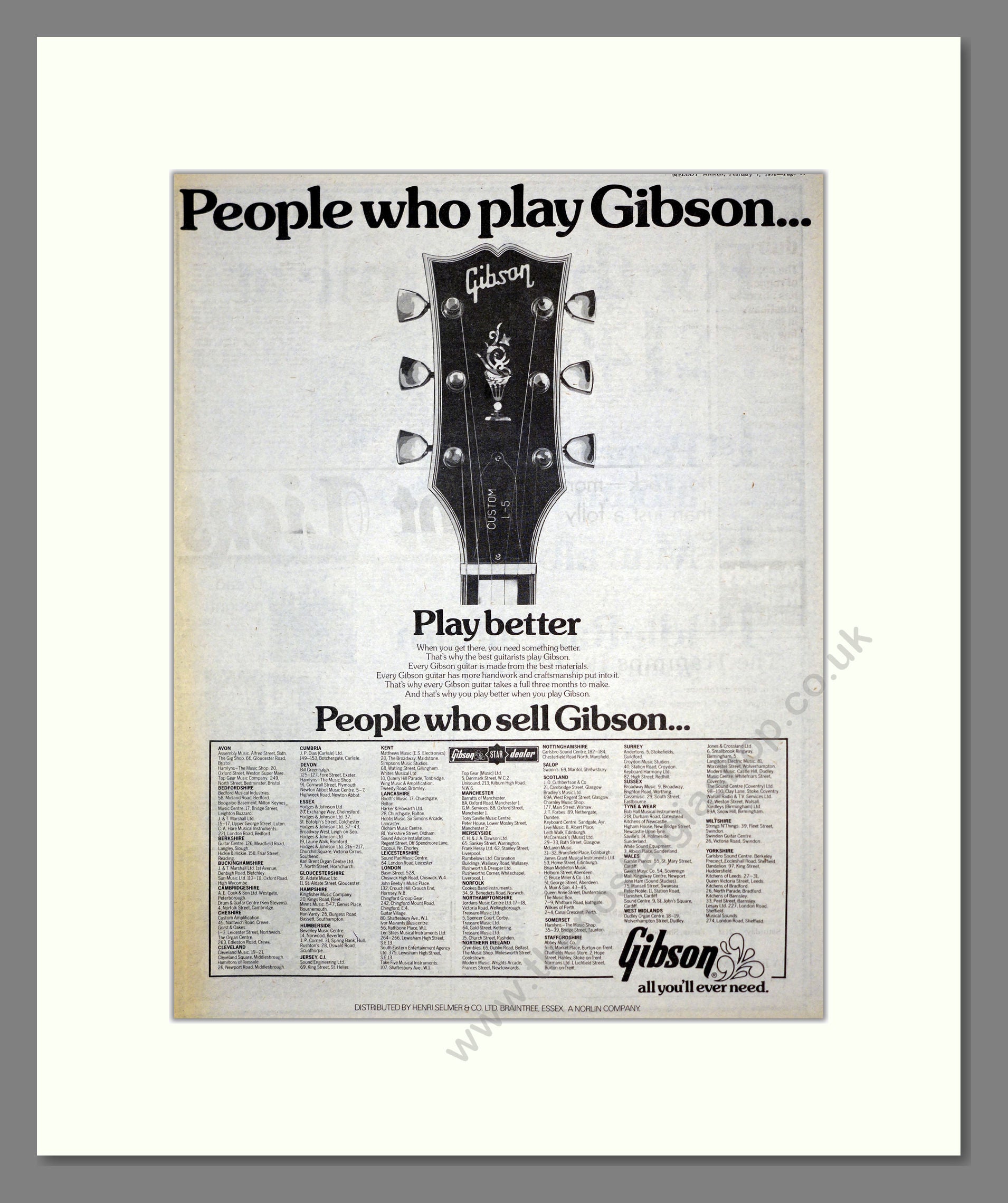 Gibson Guitars - Stockist List. Vintage Advert 1976 (ref AD17589) – The ...