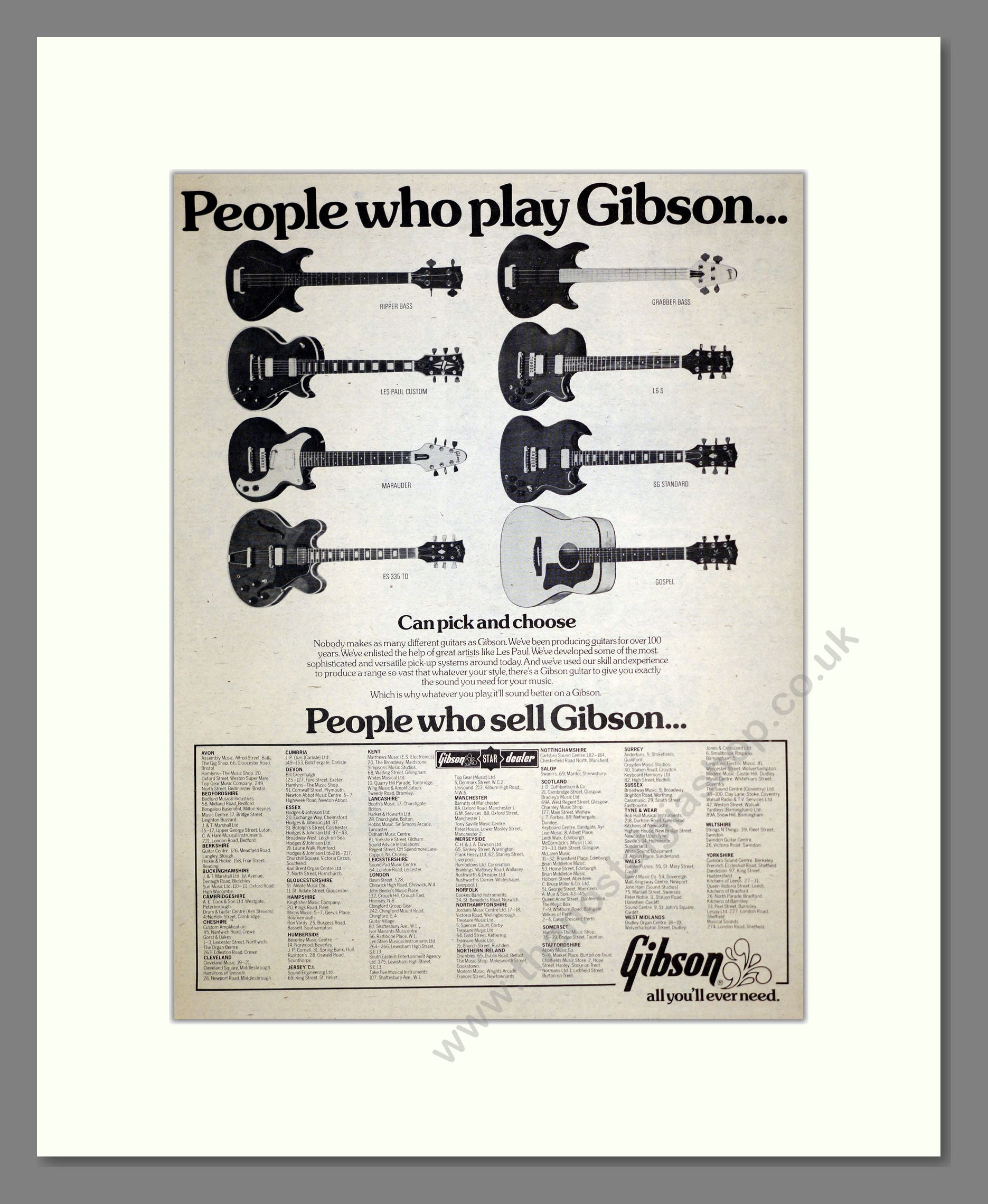 Gibson Guitars - Stockist List. Vintage Advert 1976 (ref AD17599) – The ...