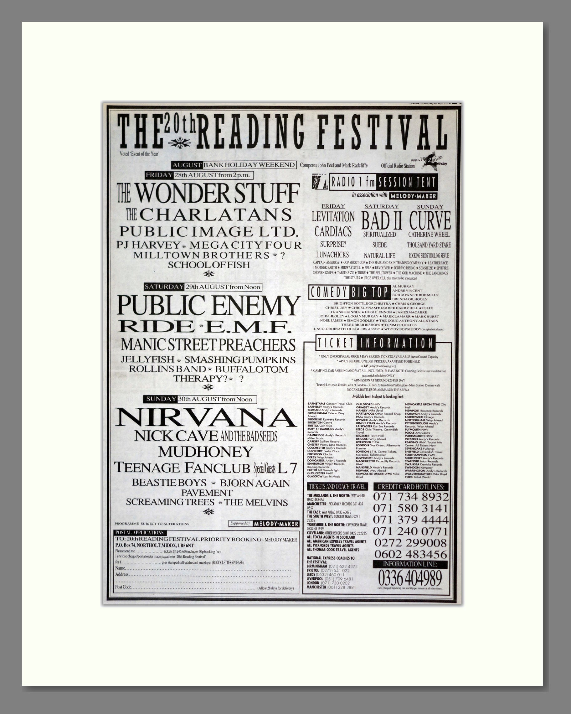 Reading Festival 92 - Line Up. Vintage Advert 1992 (ref AD17641) – The ...