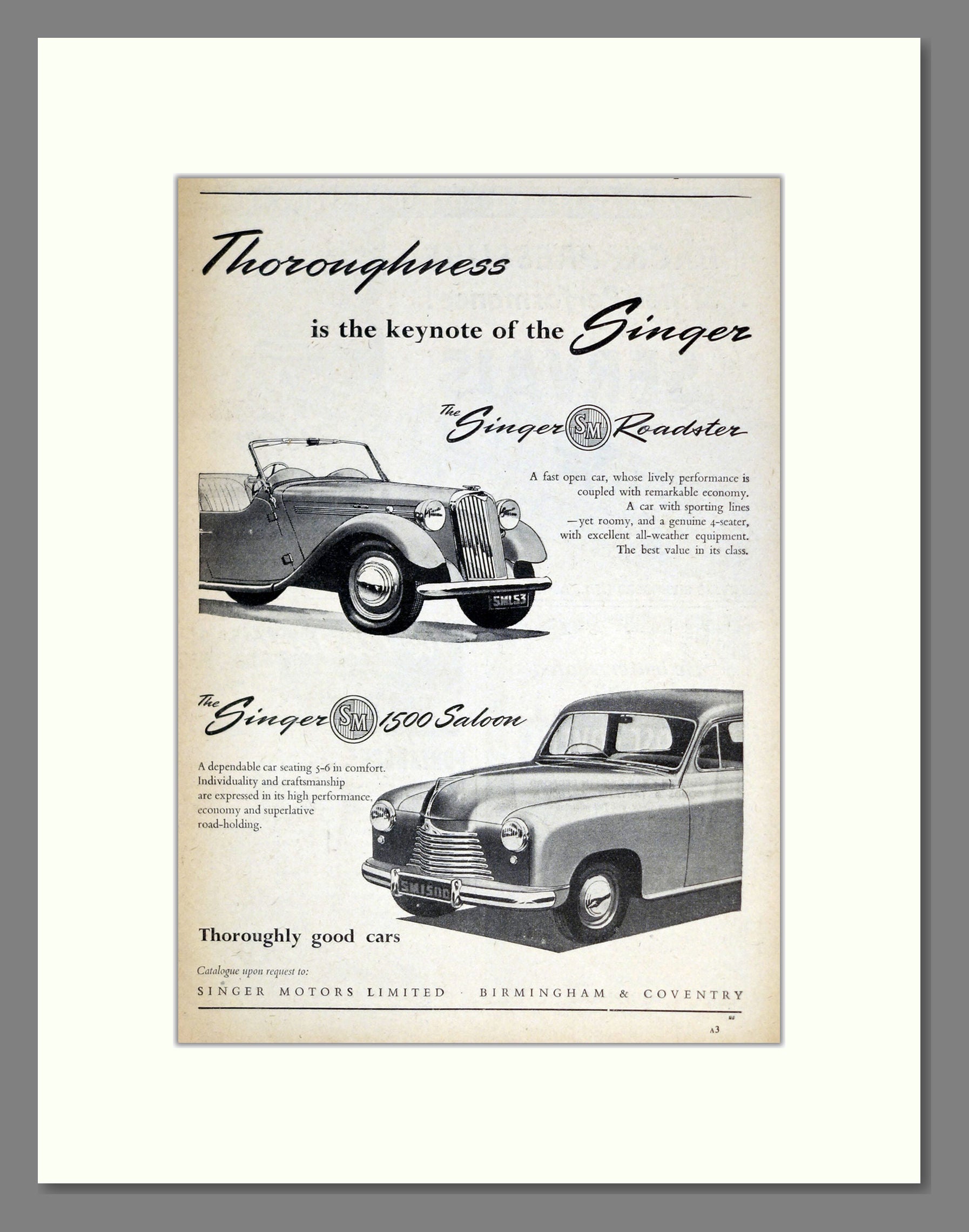 Singer - 1500 / Roadster. Vintage Advert 1953 (ref AD62021) – The ...